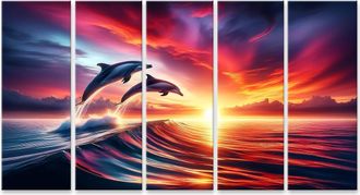 Islandburner Bild auf Leinwand Zwei Delfine springen bei Sonnenuntergang aus dem Meer Bilder Wandbilder Poster