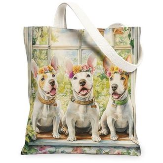 Generic Sac fourre-tout en toile motif chien Spring Bull Terrier 33 x 38,1 cm, sac r&eacute;utilisable &agrave; motif imprim&eacute; de plantes en pot pour femme, animal de compag