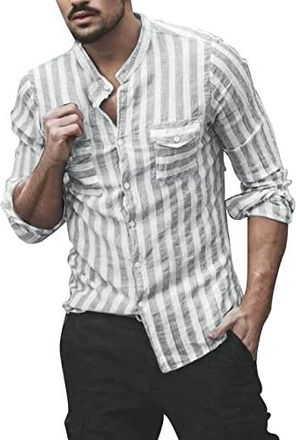 Generic Chemise de plage en lin pour homme - Chemise ray&eacute;e fine en lin - Polo pour homme - Coupe ajust&eacute;e - Manches longues - Col en V - T-shirt graphique pour