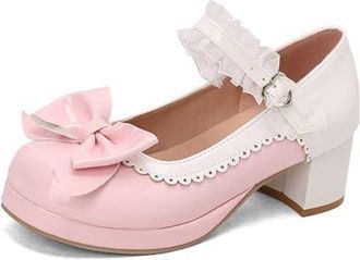 Generic Chaussures Mary Jane Lolita Femme décor Noeud Sangle Cheville volantée Talons épais Bout Rond Cuir Verni Chaussures fête Cosplay Robe,Rose,42.5 EU