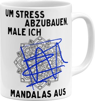 OM3 witzige Kaffee-Tasse mit Spruch - Um Stress abzubauen, male ich Mandalas aus - Keramik Becher - 11oz 325ml - Beidseitig Bedruckt - Weiss
