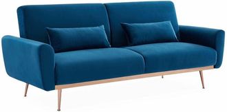 Sweeek Canapé convertible design en velours - Oskar - 2 - 3 places scandinave droit avec pieds fins or rose Velours Bleu pétrole