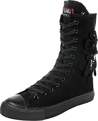 Rismart Femme Toile Bottes Mi-Mollet Floral High Tops Lacets Chaussures (Noir-fleur,37 EU)