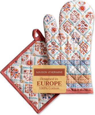 Maison d'Hermine Ofenhandschuh und Topflappen, 100% Baumwolle, hitzebeständiger Ofenhandschuh(19cm x 33cm) & Topflappen(20cm x 20cm) für Köche, Romane - Erntedankfest/