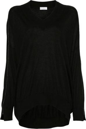 Brunello Cucinelli Pull en maille fine &agrave; col en V avec bordure m&eacute;tallique - Femme - Pulls - Noir - Taille: 44 FR