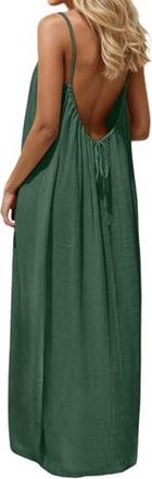 Generic Robe caraco dos nu pour femme, robe d&eacute;t&eacute; longue avec noeud dans le dos, robe d&eacute;t&eacute; ample et fluide sans manches, v&ecirc;tements de vacances &agrave; la plage, Vert