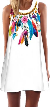 Ocean Plus Damen Sommer Mini Ärmellos Bunt Tops Kleider Pfau Strandkleider Kurz A-Linie Kleid Ohne Arm Feizeitkleid (M (EU 36-38), Federanhänger)