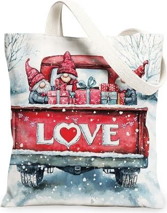 Generic Sacs fourre-tout en toile r&eacute;utilisables avec motif nain dhiver, motif coeur, rustique, confortable, l&eacute;ger et lavable pour le shopping, les voyages, le