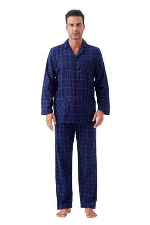 Global Herren Schlafanz&uuml;ge Flanell Herren Pyjama Set Baumwolle Langarm-Pullover Oberteil und elastische Unterteile mit Kordelzug Weich Bequem Blau 3XL
