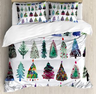 Abakuhaus Weihnachten Bettbezugs Set F&uuml;r Doppelbetten, Aquarell Tannenbaum, Weicher Microfaserstoff Allegigeignet kein Verblassen, 230 x 220 cm,Gr&uuml;n Mehrfarbig