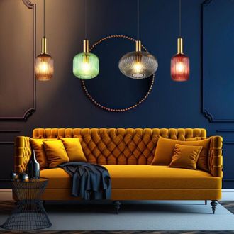 Globo Lighting Suspension, suspension, lampe de salle &agrave; manger, 4 flammes, lampe design, abat-jour en verre color&eacute;, m&eacute;tal, laiton noir, 4x E27, LxlxH 115x30x120 cm
