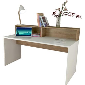 PEGANE Table de bureau dordinateur coloris Blanc/ch&ecirc;ne - Hauteur 102 x Longueur 160 x Profondeur 67 cm