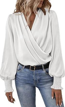 Generic Chemise &eacute;l&eacute;gante pour femme avec col en V et manches superbes, chemise de couleur unie &agrave; porter avec des leggings, blanc, XL