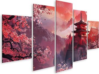 Islandburner Bild auf Leinwand Schöner Kirschblütenbaum in voller Blüte vor majestätischem Bergpanorama und ruhigem Himmel Bilder Wandbilder Poster