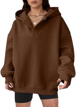 Generic Sweat &agrave; capuche surdimensionn&eacute; &agrave; col en V pour femme - Pull en polaire &agrave; manches longues - V&ecirc;tements Y2K - Tenue tendance automne 2025, marron, XXL