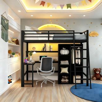 Generic Moderne Metall-Hochbett 140x200 cm mit integriertem Schreibtisch | Mit USB-Ladestation, LED-Beleuchtung & Staufächern | Praktische Treppe mit Stauraum