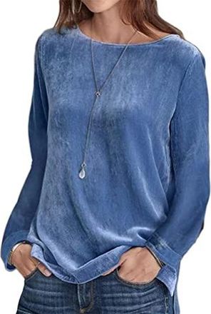 Onsoyours Chemises Décontractées pour Femme Mode Automne Et Hiver Chemisier en Velours Doré T-Shirt Rétro Col Rond À Manches Longues Slim Bleu M