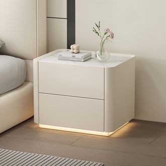 Generic Beistelltisch Mit LED-Licht, Stilvoller Nachttisch Mit 2 Schubladen, Schlafzimmer-Aufbewahrungsschrank Für Zeitgenössische Wohnkultur(White,45cm)