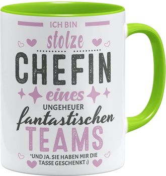 OM3 Ich bin Stolze Chefin eines ungeheuer fantastischen Teams Tasse - Keramik Becher - 11oz 325ml - Beidseitig Bedruckt - Hellgrün