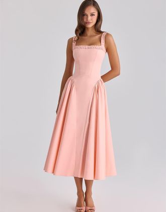 House of CB Dorothy - Robe d&eacute;t&eacute; mi-longue en coton - P&ecirc;che-Orange