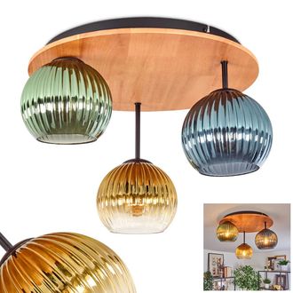 HOFSTEIN Deckenleuchte Koyoto, 3-flammige Deckenlampe aus Metall/Holz/Riffelglas in Schwarz/Natur/Blau/Grün/Gold/Klar, Leuchte Retro-Design (Schirme Ø 15cm), E
