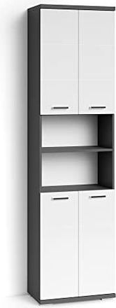 Byliving Badezimmer-Hochschrank Nebraska/Korpus matt anthrazit / 4 Türen Hochglanz weiß lackiert/Badezimmerschrank/Badschrank mit offenen Elementen/viel Staura
