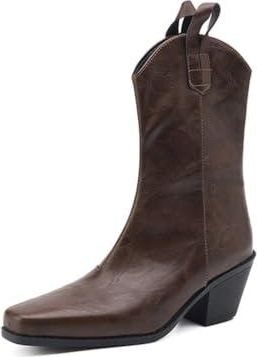 Generic Bottes Femme Rétro Bout Carré Style Western Cowboy Talon Moyen Épais À Enfiler Tige PU Durable Classique Décontracté Quotidien Soirée Chaussures,Marro