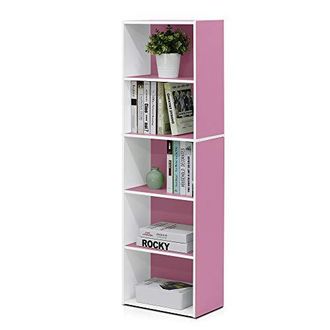 Furinno offenes Bücherregal mit 5 Fächerm, Holz, Weiß/Rosa, 40.1 x 23.98 x 132.1 cm