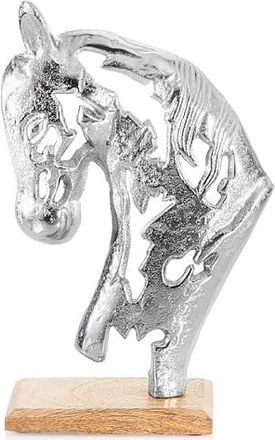 Com-Four Support de Cheval décoratif Haut de Gamme - Statue Sculpture 20 x 32 cm en Aluminium nickelé sur Socle en Bois de manguier - Figurine décorative à Pos