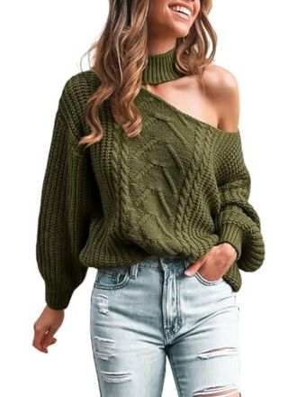 Cupshe Pull &agrave; &eacute;paules d&eacute;nud&eacute;es pour femme, manches longues, col montant, d&eacute;contract&eacute; et l&eacute;ger, vert, Taille M