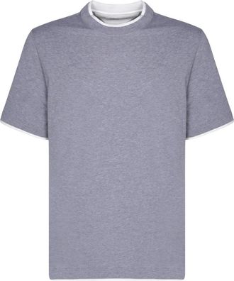 Brunello Cucinelli Homme, Tops, Gris, Taille: L T-shirt en Coton Gris avec Col Rond