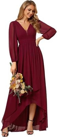 Ever-pretty Robes De Demoiselle dhonneur High Low Manches Longues Col V Lingne A pour Mariage Chic Bordeaux 44
