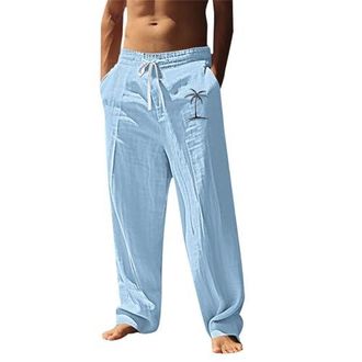 Generic Pantalon surdimensionn&eacute; en coton et lin pour homme, d&eacute;contract&eacute;, tendance, ample, imprim&eacute; noix de coco 3D, pantalon coupe r&eacute;guli&egrave;re, bleu, 3XL