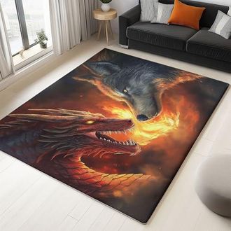 Generic Tapis de Salon Rouge, Tapis Poil Court Doux Lavable Dragon Feu Loup - Moquette int&eacute;rieur Antid&eacute;rapant 80 x 150 cm pour Chambre &agrave; Coucher Bureau D&eacute;cora