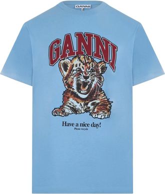 Ganni Femme, Tops, Bleu, Taille: 36 FR T-shirt en coton avec imprim&eacute;