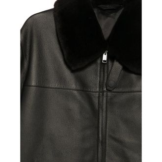 Brioni Grained Calf Leather with Shearling Collar Jacket - Black