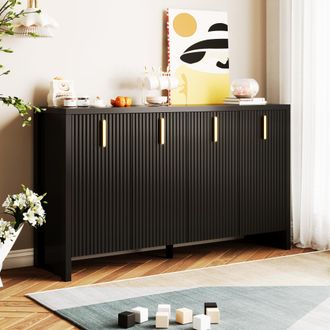 Suky Brand Modernes, minimalistisches Sideboard Die perfekte Kombination aus Flexibler Aufbewahrung und elegantem Design. Das Sideboard verfügt über goldene Grif