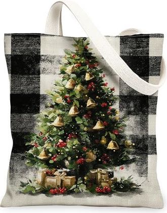 Generic Sacs fourre-tout en toile rustique, motif arbre festif, sacs de courses r&eacute;utilisables, l&eacute;gers et lavables &agrave; bandouli&egrave;re pour vacances, voyage, plage, 