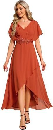 Ever-pretty Robe pour Mariage Invité Longue Femme Asymétrique Col V Plissé Manches Volantées Mousseline Robe de Soirée Chic Orange Brûlée 46
