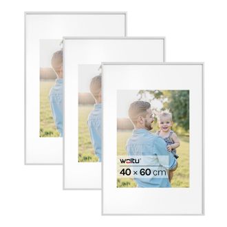 Woltu Bilderrahmen 40x60 cm, 3 Set, Fotorahmen Silber, Aluminium, mit Passepartout, zum vertikalen oder horizontalen Aufh&auml;ngen/Aufstellen, f&uuml;r Fotos, Bilder