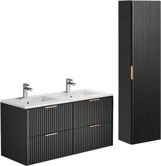 Vente-Unique Vente-Unique - Meuble sous vasque suspendu stri&eacute; 120 cm - Vasque &agrave; encastrer c&eacute;ramique blanche - Colonne de rangement noir MDF - &Eacute;co-responsable