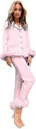 Generic Pyjama Femme, Pyjama Femme &Eacute;t&eacute; en Coton en Satin De Soie Chemise De Nuit Chemise avec Boutonni&egrave;re Tops Et Pantalon Pyjama Set Respirant Pantalon De Py