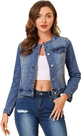 Allegra K Veste en jean pour femme boutonnée sans col à manches longues vestes en jean Bleu XL