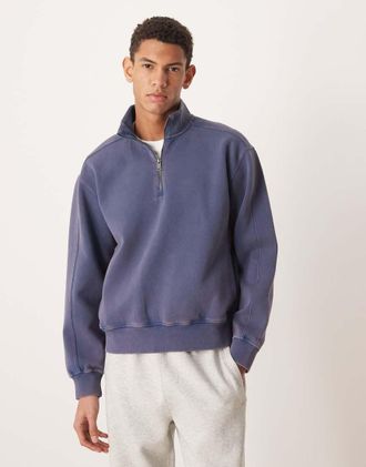 Abercrombie & Fitch YPB - Sweatshirt in verwaschenem Dunkelblau mit kurzem Rei&szlig;verschluss