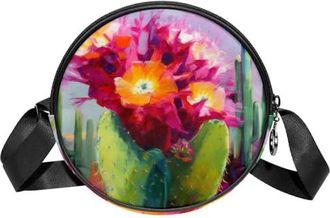 Generic Petit sac &agrave; bandouli&egrave;re rond pour femme, motif fleurs de cactus avec fermeture &eacute;clair, bretelles r&eacute;glables, sac &agrave; main rond d&eacute;contract&eacute; pour femmes et
