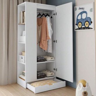 Generic Kleiderschrank 70x40x170 cm in Reinwei&szlig; - Eint&uuml;riger Schrank mit Einlegeb&ouml;den & Schubladen - Platzsparender Stauraum (White + Wood)