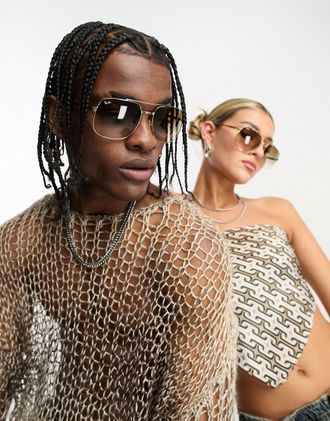 Ray-Ban Lunettes de soleil carr&eacute;es style ann&eacute;es 70 - Marron et dor&eacute;