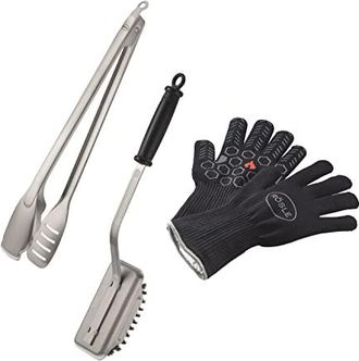 Rösle Barbecue Premium-Set 3-tlg., Hochwertiges Grillset mit Premium Grillhandschuhen, BBQ-Grillzange und Reinigungsbürste SlideX, Edelstahl, Silberfarben /