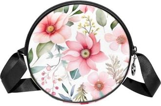 Generic Petit sac &agrave; bandouli&egrave;re circulaire pour femme, motif feuilles florales, sac &agrave; dos avec fermeture &eacute;clair, bretelles r&eacute;glables, sac &agrave; main rond d&eacute;contra
