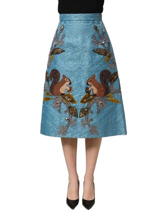Dolce & Gabbana Womens Blue Jacquard Embroidered A-Line Midi Skirt Cotton Polyester Silk